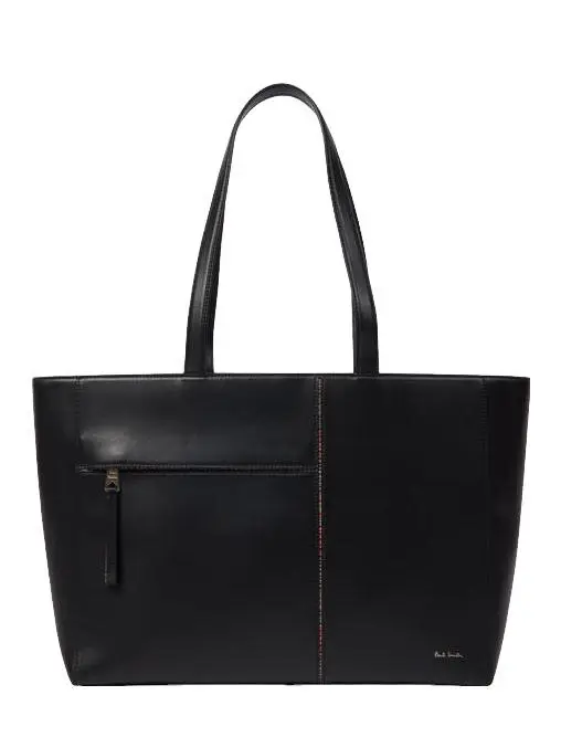 Paul Smith Leather Tote Bag With Signature Stripe Trim - Black