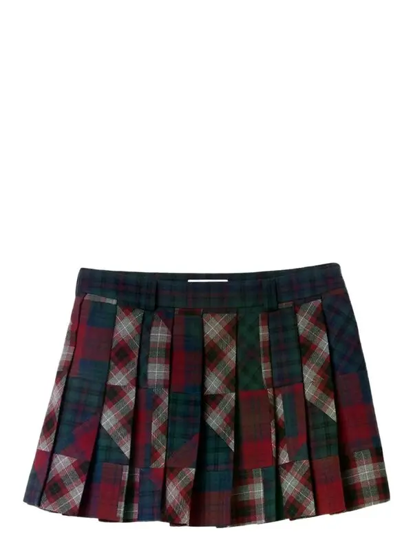 Miu Miu Pleated Plaid Patchwork Wool Miniskirt - Red
