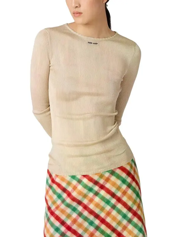 Miu Miu Silk Ribbed Knit Crewneck T-shirt - Neutrals