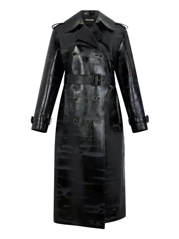 Roberto Cavalli Belted Leather Trench Coat - Black