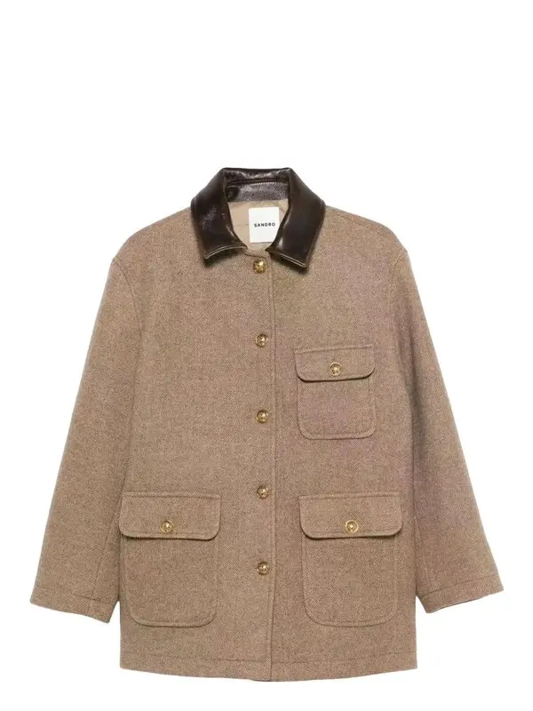 Sandro Contrast Collar Single-breasted Coat - Brown