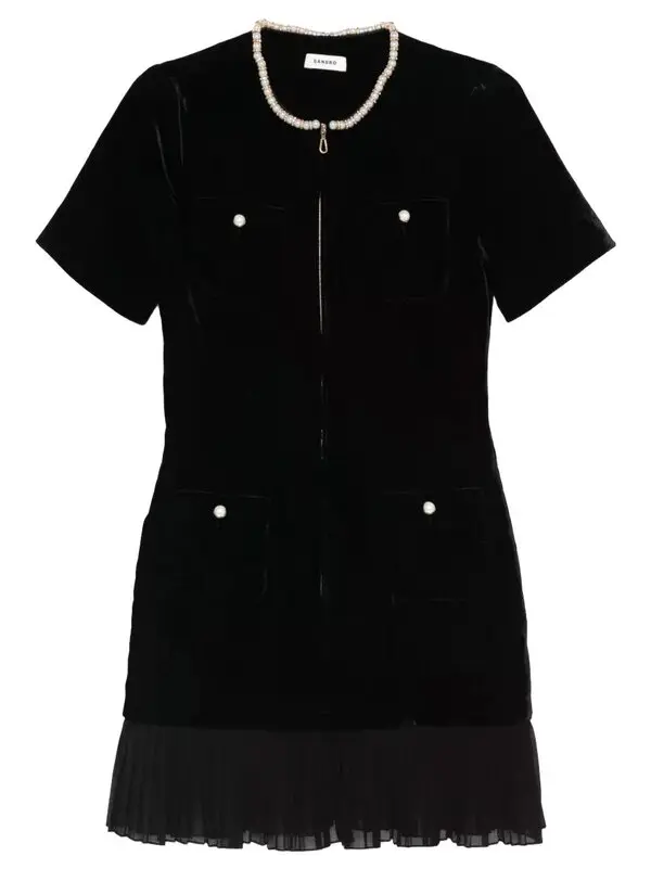 Sandro Pearl-embellished Pleated-hem Mini Dress - Black
