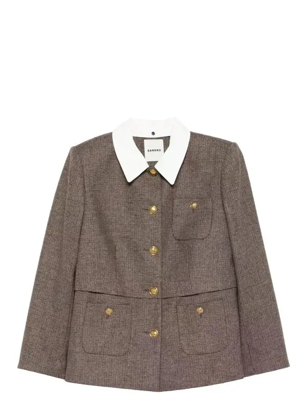 Sandro Houndstooth Jacket With Detachable Collar - Brown