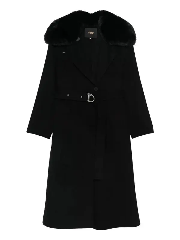 Maje Belted Coat With Faux Fur Collar - Black