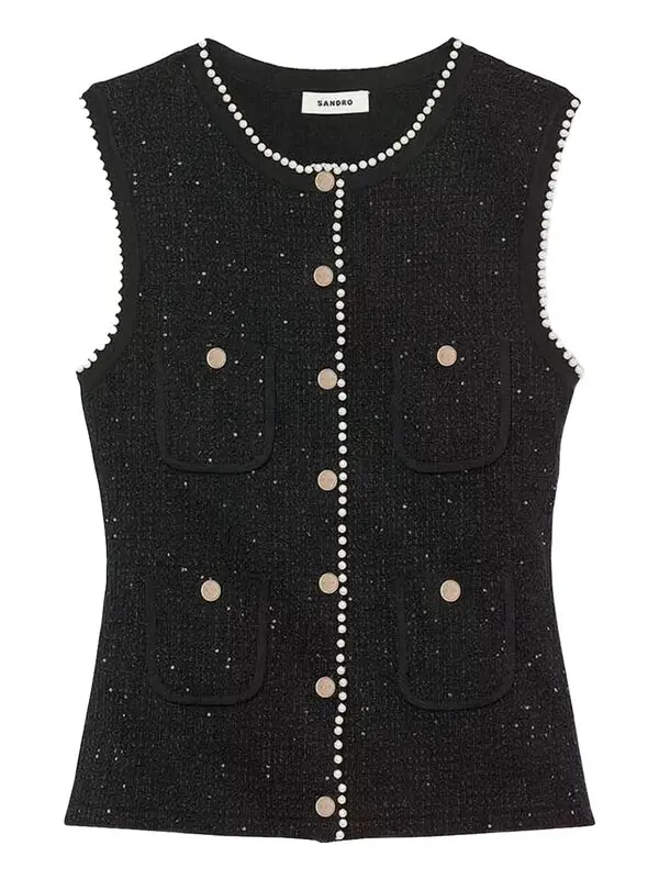 Sandro Pearl-trimmed Tweed Waistcoat - Black