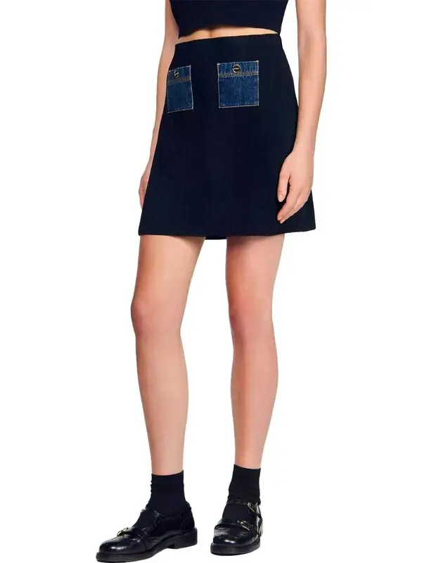 Sandro Ribbed Knit Mini Skirt With Denim Pockets - Blue