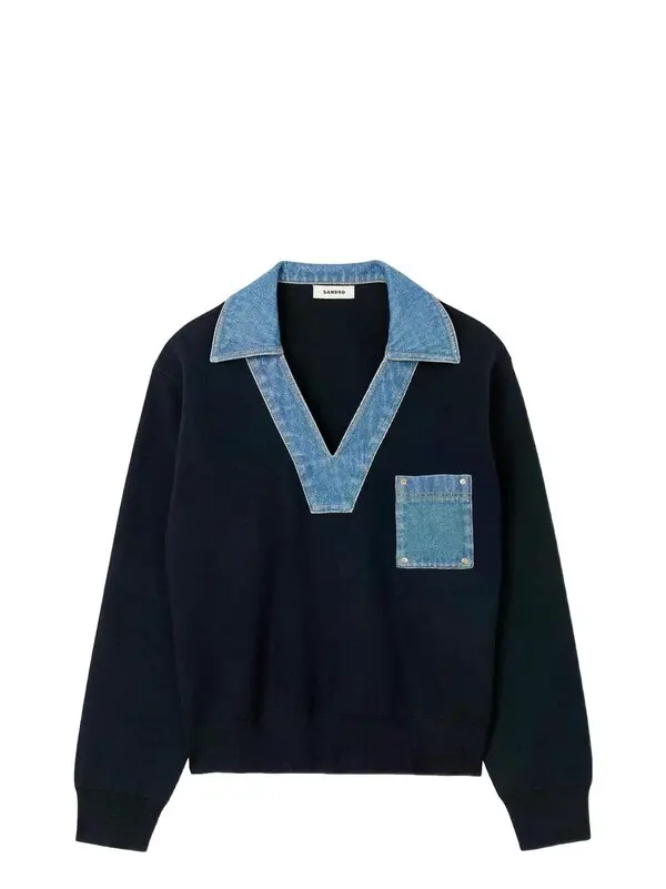 Sandro Denim-trimmed V-neck Sweatshirt - Blue