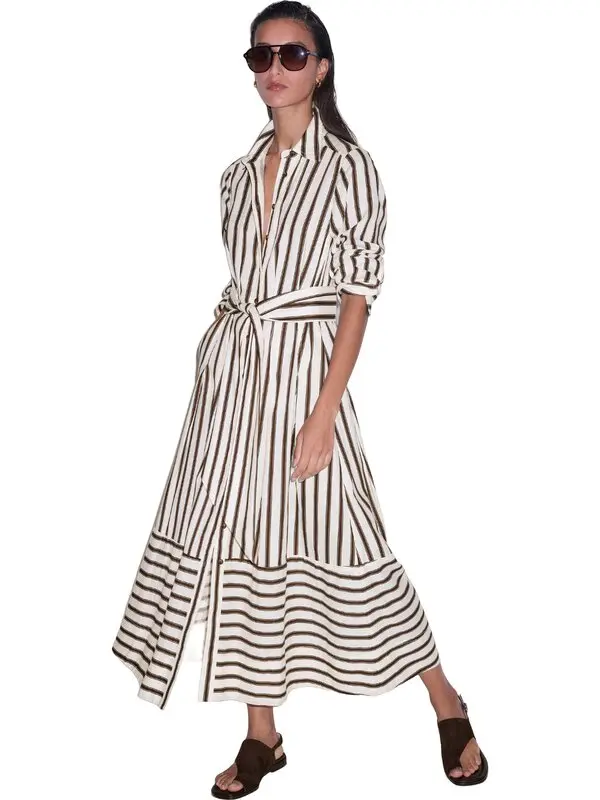 ME+EM Striped Maxi Shirt Dress With Belt - Light Cream Multi