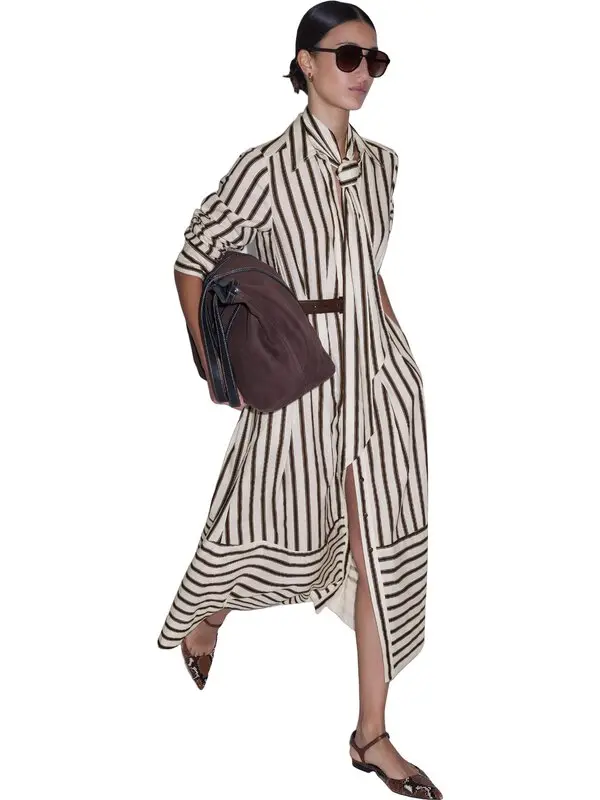 ME+EM Striped Maxi Shirt Dress With Belt - Light Cream Multi