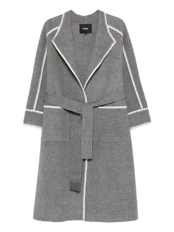 Maje Belted Embroidered-trimmed Coat - Grey