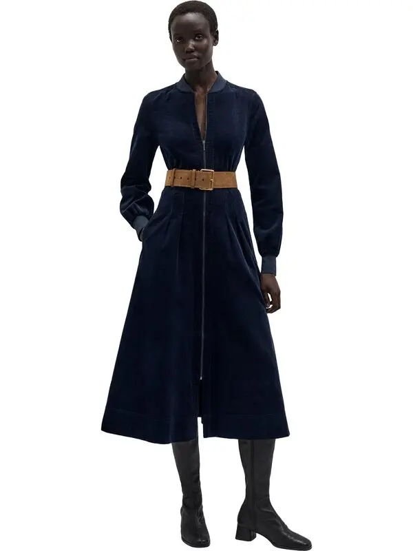 ME+EM Cotton Cord Pleated Midi Dress - Navy