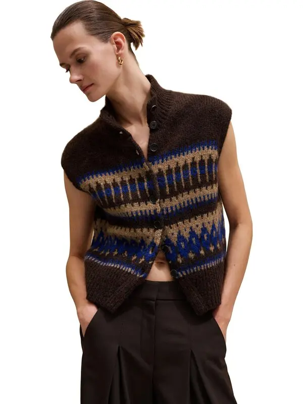 ME+EM Button-through Relaxed Jacquard Vest - Chocolate Multi