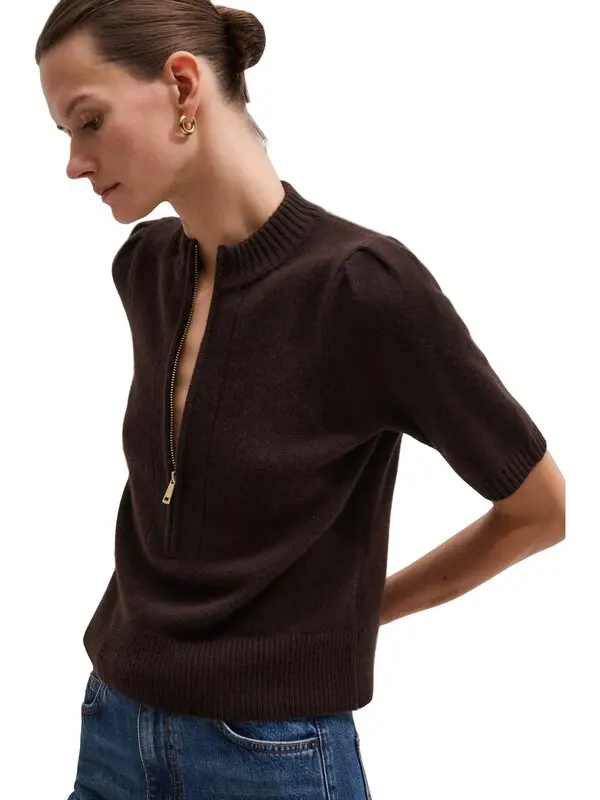 ME+EM Cashmere Zip Neck Knit Top - Ganache Brown