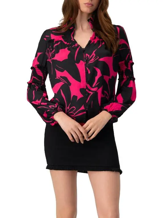 IVONNE Long Sleeve Smocked Blouse With High Neck - Fuchsia
