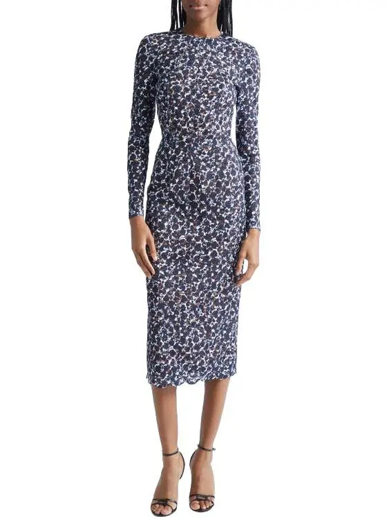 Michael Kors Shadow Floral Lace Long Sleeve Sheath Dress - Midnight/optic White