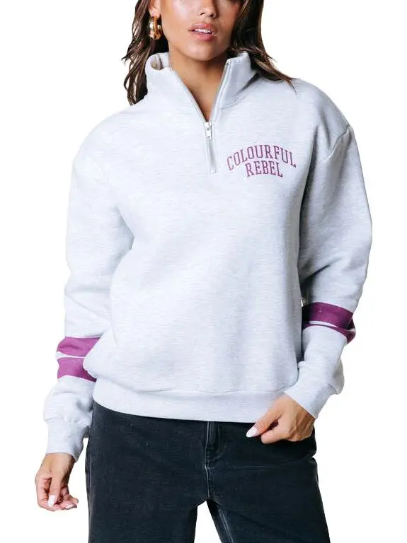 COLOURFUL REBEL Varsity Logo Zip Sweatshirt - Light Grey Melange