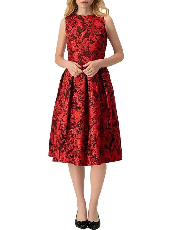 IVONNE Jacquard Sleeveless Midi Dress - Red