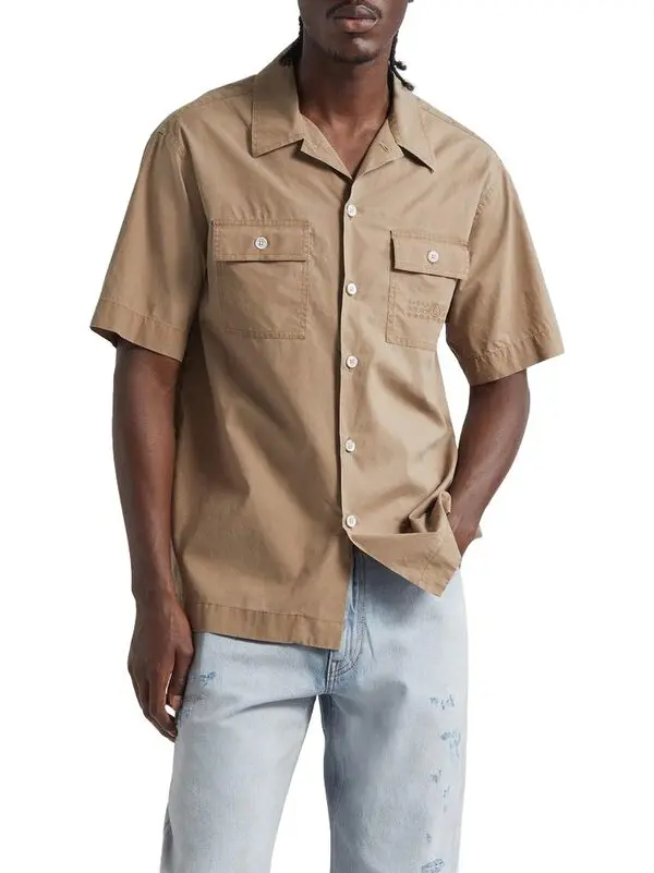 MAISON MARGIELA Embroidered Numeric Logo Short Sleeve Button-up Shirt - Dune