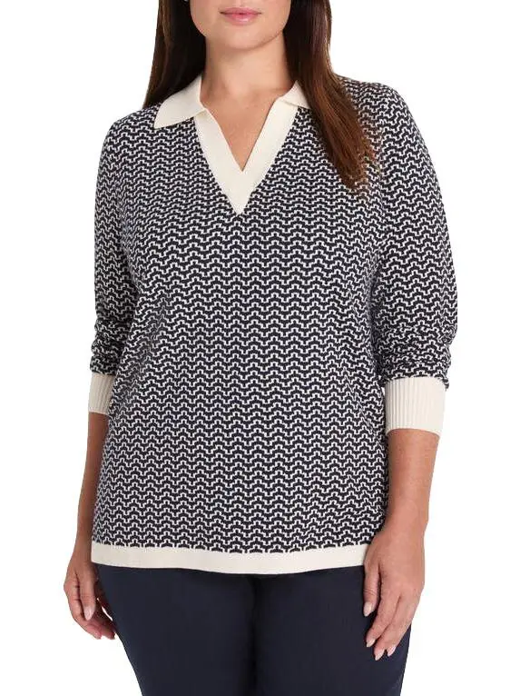 NIC+ZOE Two-tone Jacquard Cotton Blend Sweater - Indigo Multi