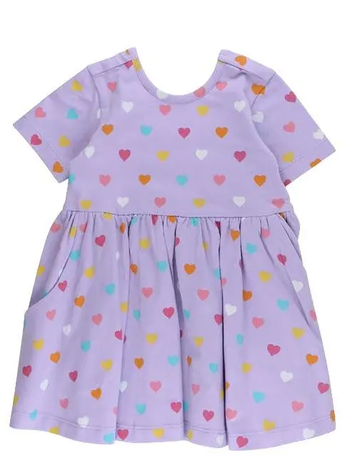 RUFFLEBUTTS Knit Short Sleeve Twirl Dress - Lavender Colorful Hearts
