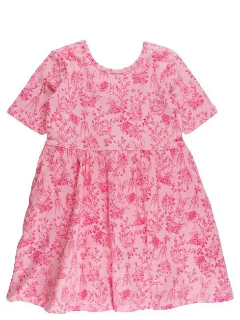 RUFFLEBUTTS Knit Short Sleeve Twirl Dress - Pink Cottontail Toile