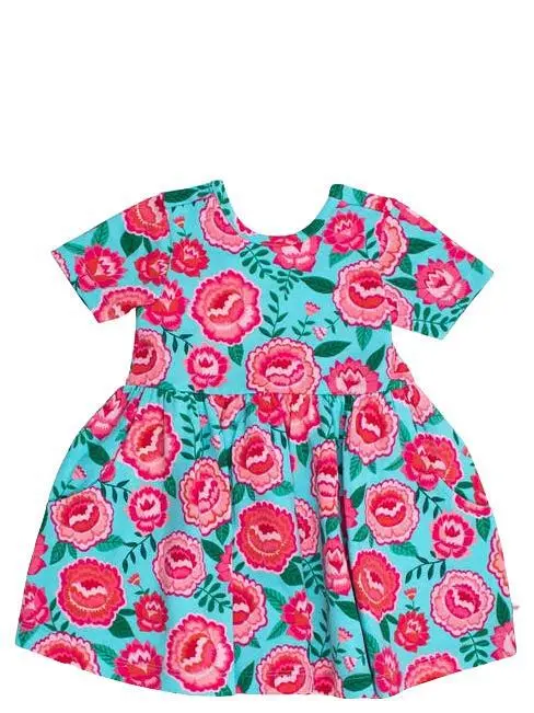 RUFFLEBUTTS Knit Short Sleeve Twirl Dress - Bright Blossoms