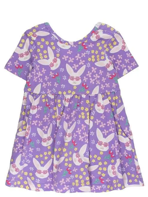 RUFFLEBUTTS Knit Short Sleeve Twirl Dress - Purple Sunny Bunnies