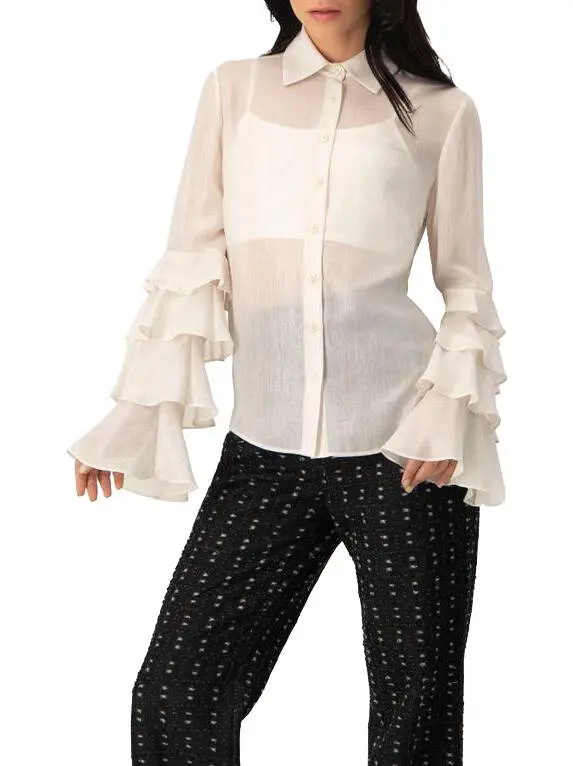 IVONNE Sheer Blouse With Tiered Ruffle Sleeves - Natural