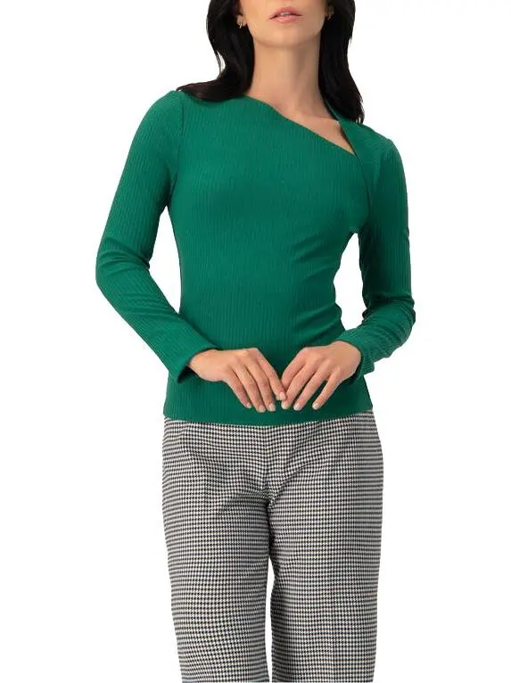 IVONNE Ribbed Knit Top With Asymmetrical Neckline - Green