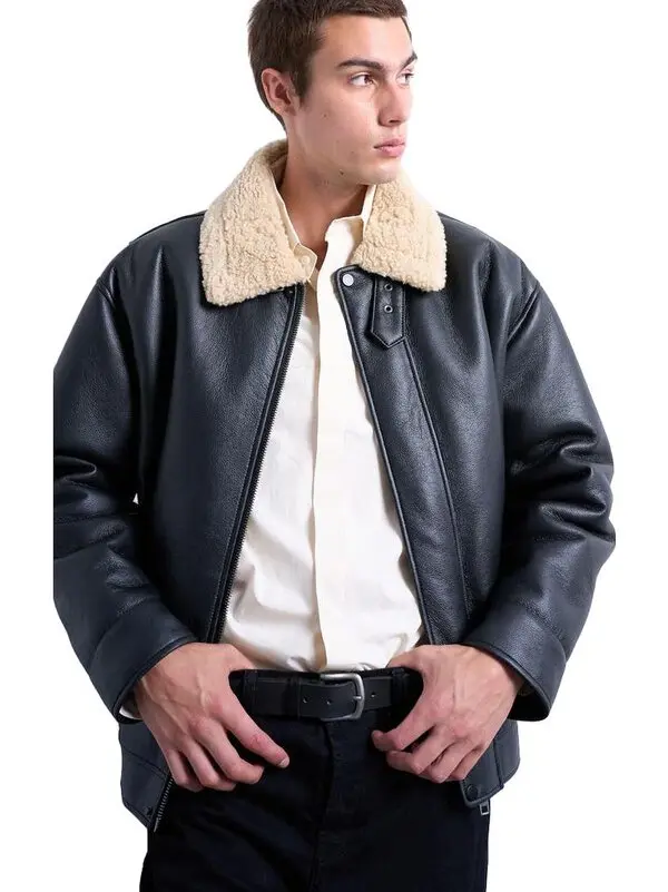 Topman Faux Leather & Faux Shearling Bomber Jacket - Black