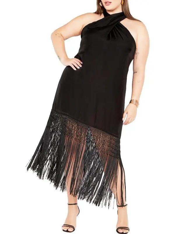 City Chic Calypso Fringe Maxi Dress - Black