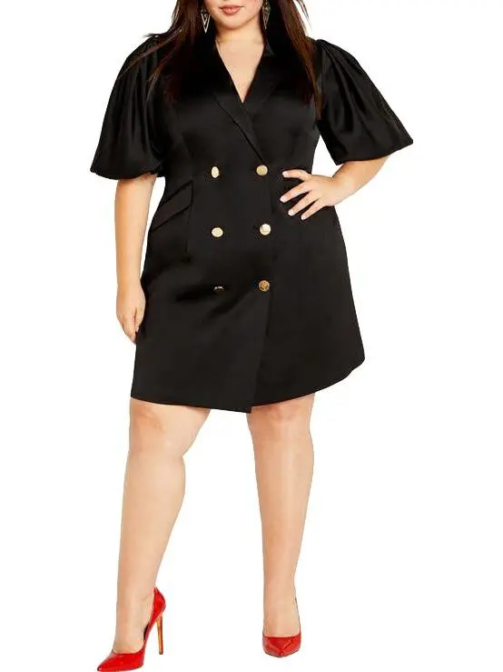 City Chic Satin Blazer Dress With Short Sleeves - Black