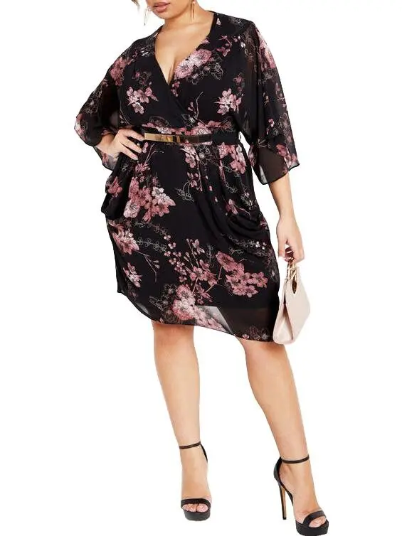 City Chic Bold Blossom Belted Floral Dress - Black Print