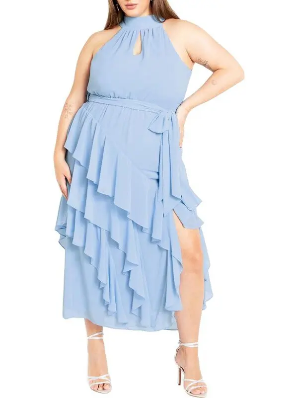 City Chic Sleeveless Ruffle Maxi Dress - Blue