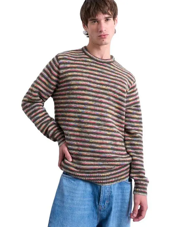 Topman Striped Crewneck Sweater - Khaki Green Multi