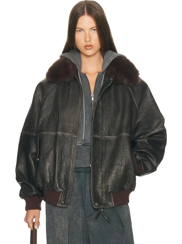 HELSA Oversized Leather Bomber With Faux Fur Collar - Black