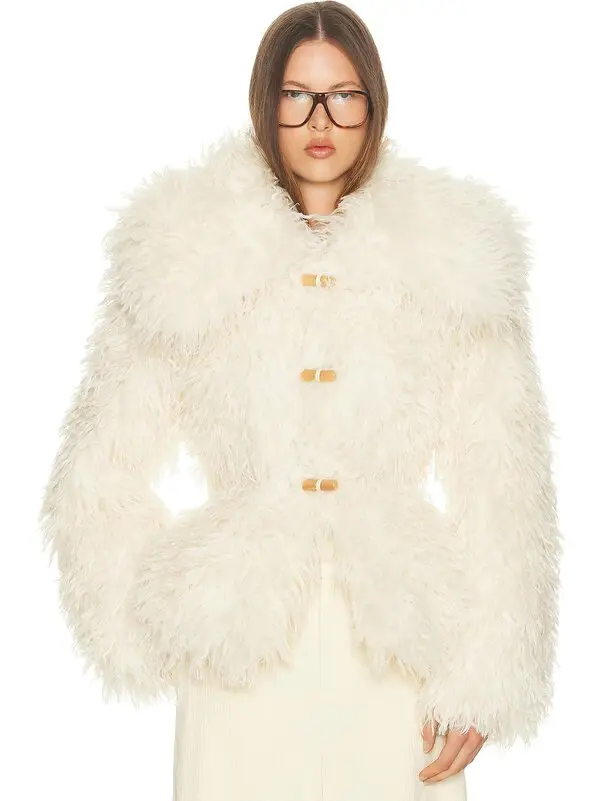 HELSA Faux Shearling Jacket With Dramatic Collar - Ivory