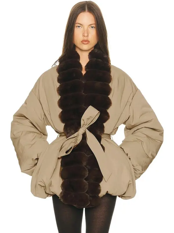 HELSA Bubble Puffer Jacket With Faux Fur - Tan & Cedar