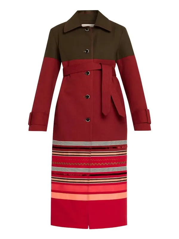 Christopher John Rogers Embroidered Stripe Belted Long Trench Coat - Sarsaparil