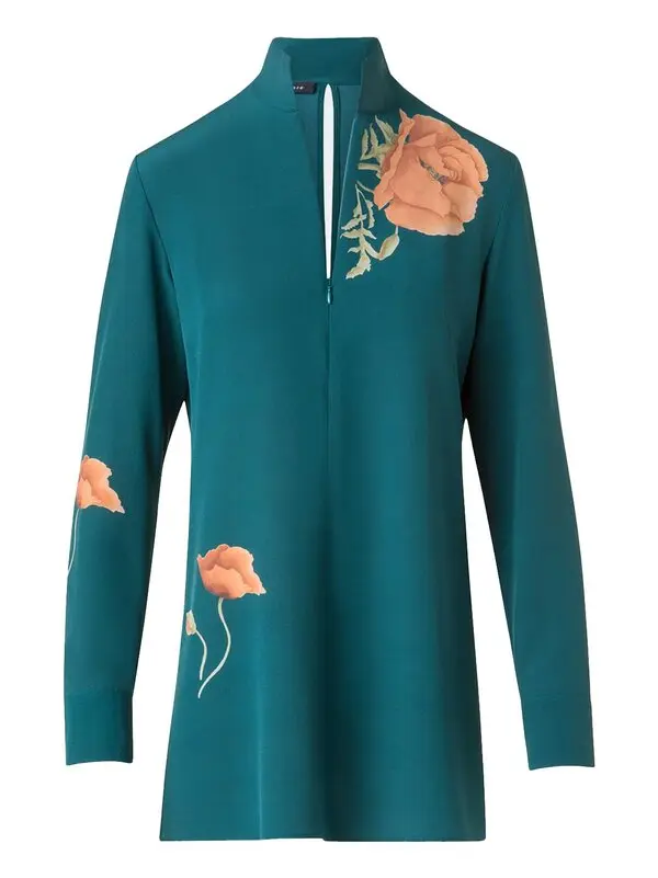 Akris Anemone Print Silk Crepe Tunic - River Green-terra