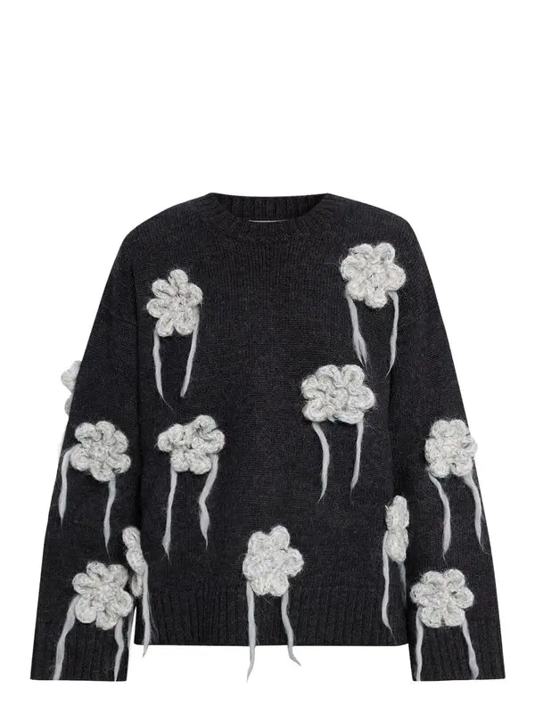 GANNI Floral Crochet Crewneck Sweater - Black Patt