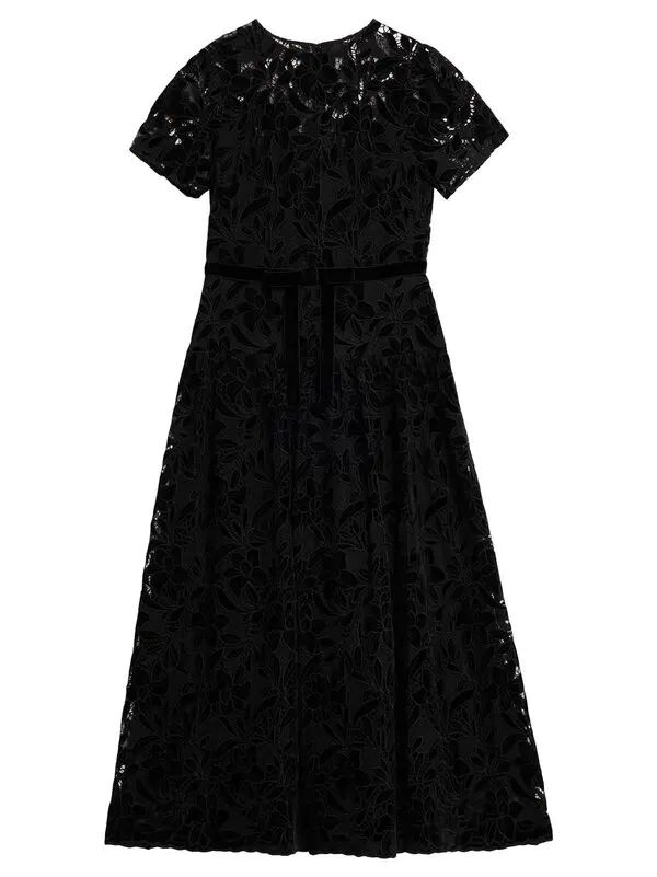 Shoshanna Farah Puff-sleeve Velvet Lace Midi Dress - Jet