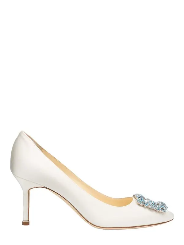Manolo Blahnik 70mm Hangisi Satin Pumps With Crystal Buckle - White