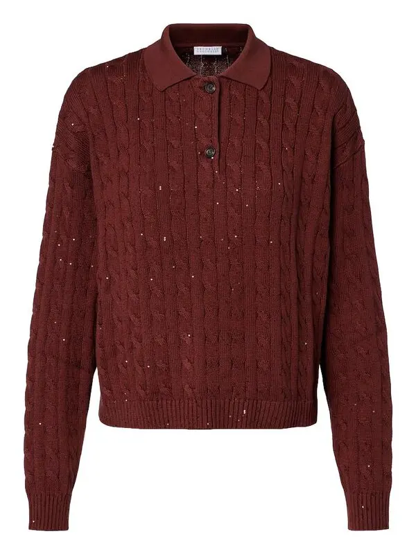 Brunello Cucinelli Cable-knit Cotton-blend Polo Sweater - Burgundy