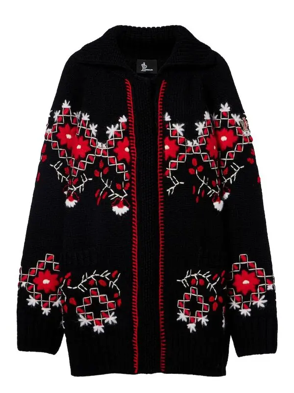 Moncler Embroidered Wool-blend Cardigan - Black