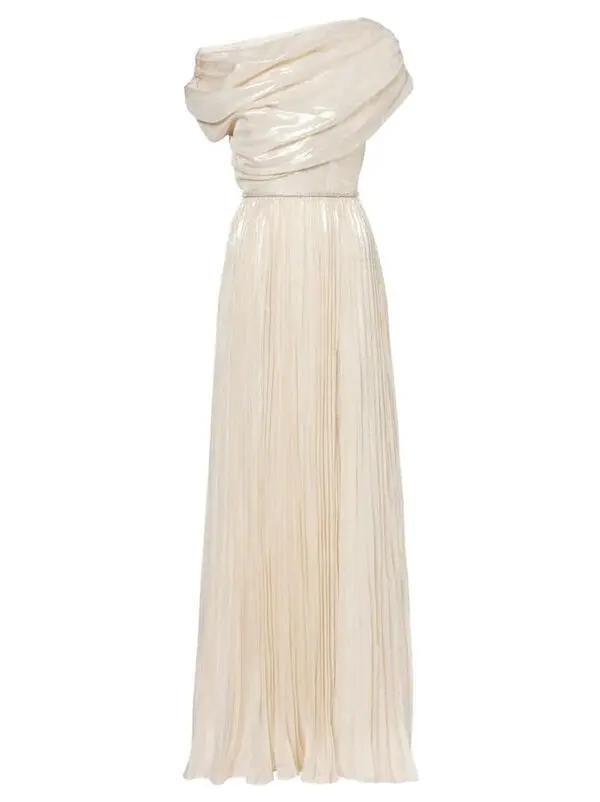 SELF-PORTRAIT Asymmetric Draped Silk-blend Chiffon Maxi Dress - Gold