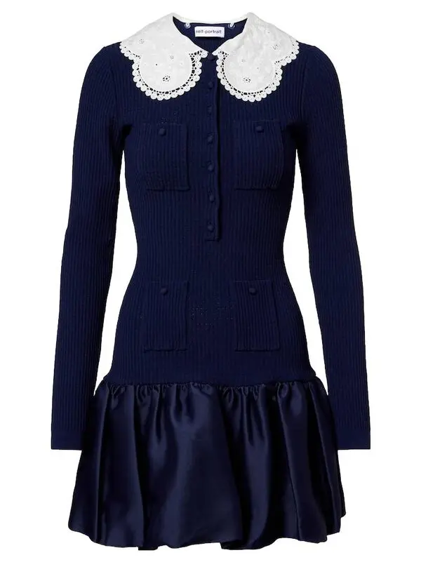 SELF-PORTRAIT Waffle-knit Mini Dress - Blue