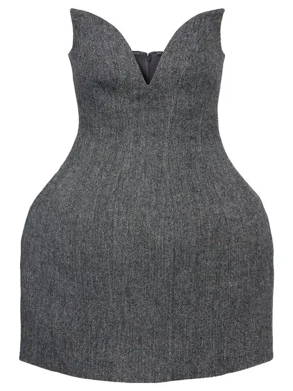 SELF-PORTRAIT Herringbone Wool-blend Bustier Dress - Grey