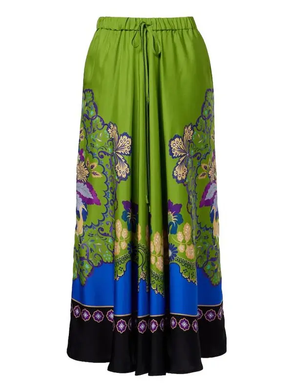 La DoubleJ Printed Silk Midi Skirt - Green