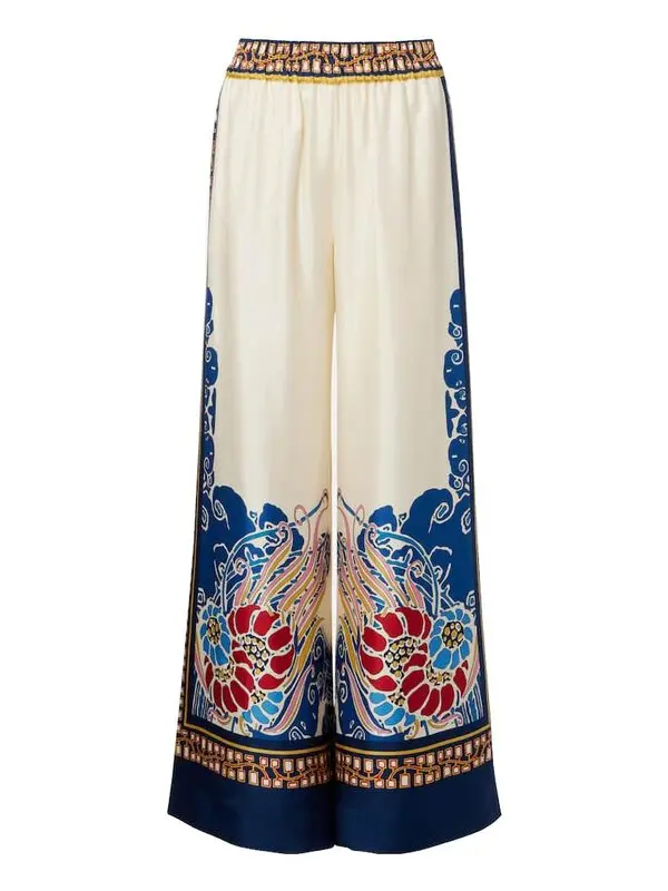 La DoubleJ Printed Silk Palazzo Pants - White
